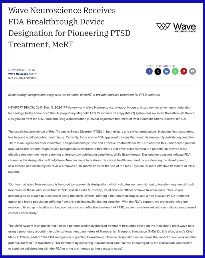 FDA Breakthrough Device Designation for MeRT Treatment for PTSD